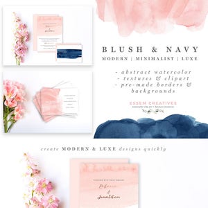 Blush and Navy Abstract Watercolor Border, Modern Pink Blue Nautical ...