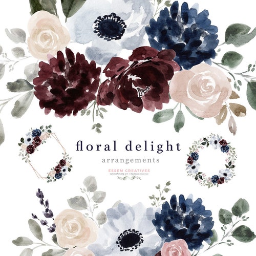 Watercolor Flowers Clipart Floral Clipart Dusty Blue Navy - Etsy