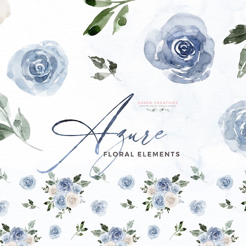 AZURE Blue Watercolor Flowers Clipart Winter Floral Clip Art - Etsy