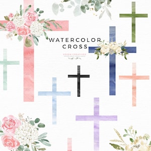 Watercolor Cross Clipart, Floral Cross Clipart, Easter Clipart ...