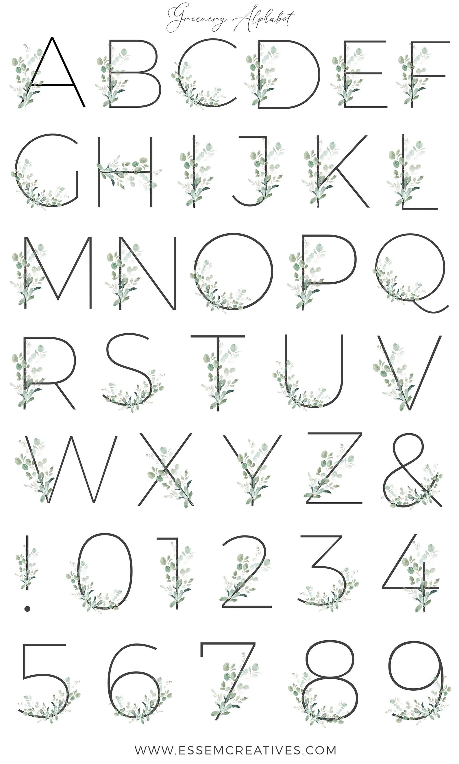 Greenery and Black Watercolor Floral Alphabet Clipart Neutral ...