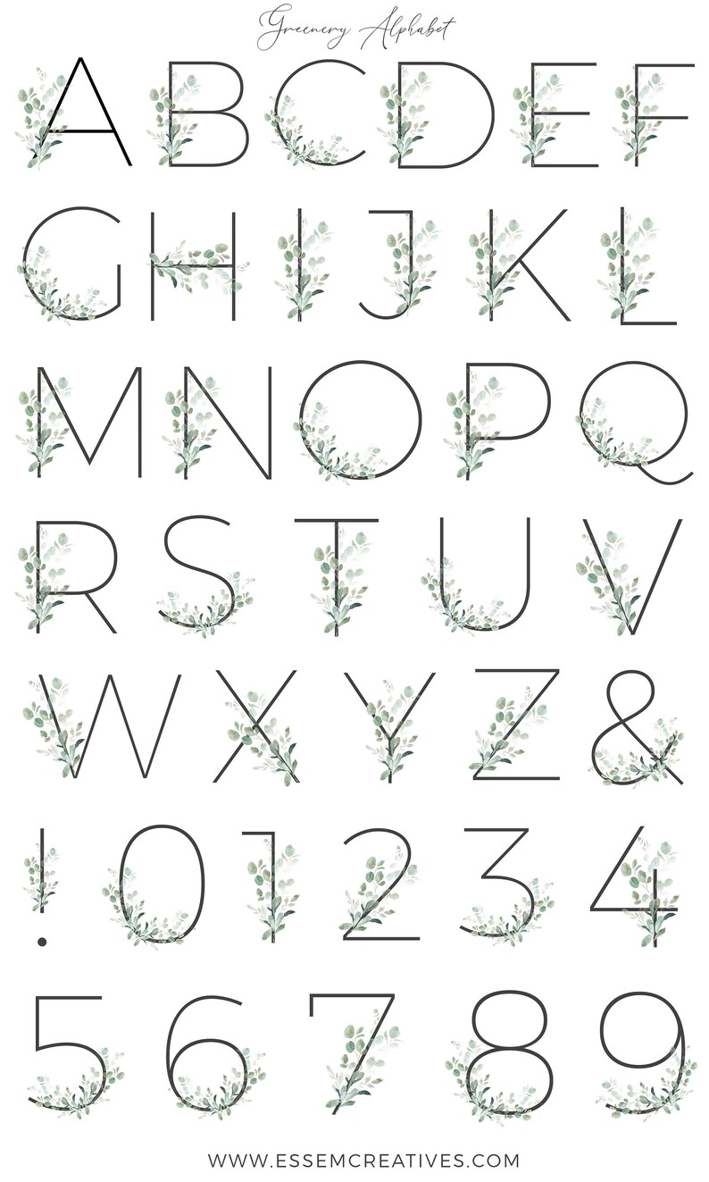 Greenery and Black Watercolor Floral Alphabet Clipart Neutral ...