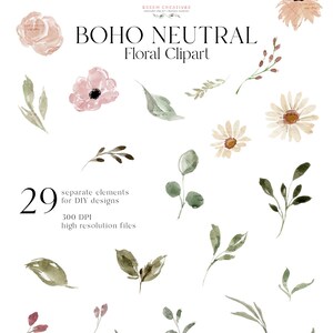 Boho Neutral Floral Clipart, Boho Floral Frame Clip Art, Watercolor ...