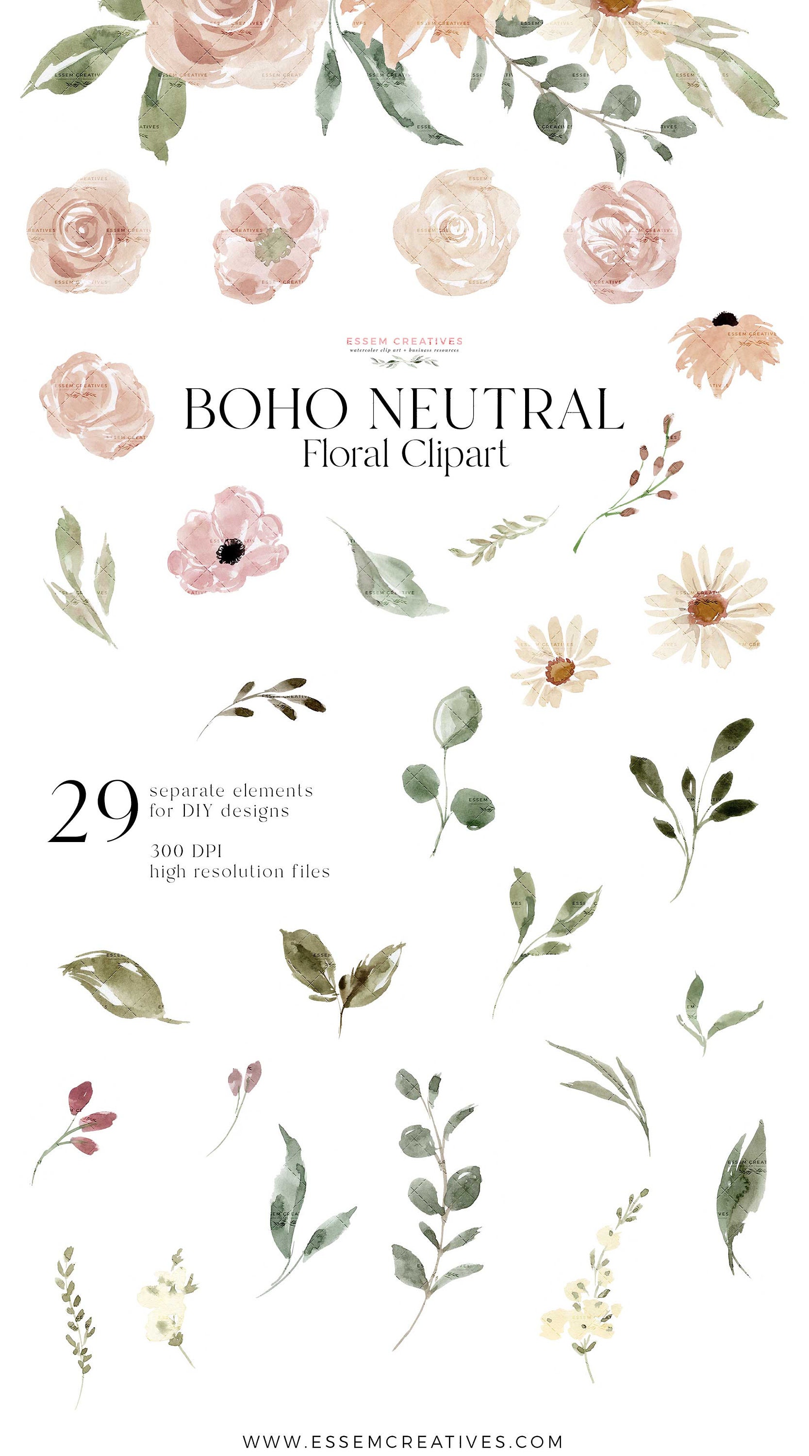 Boho Neutral Floral Clipart Boho Floral Frame Clip Art - Etsy