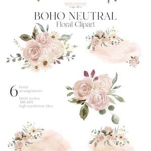 Boho Neutral Floral Clipart, Boho Floral Frame Clip Art, Watercolor ...