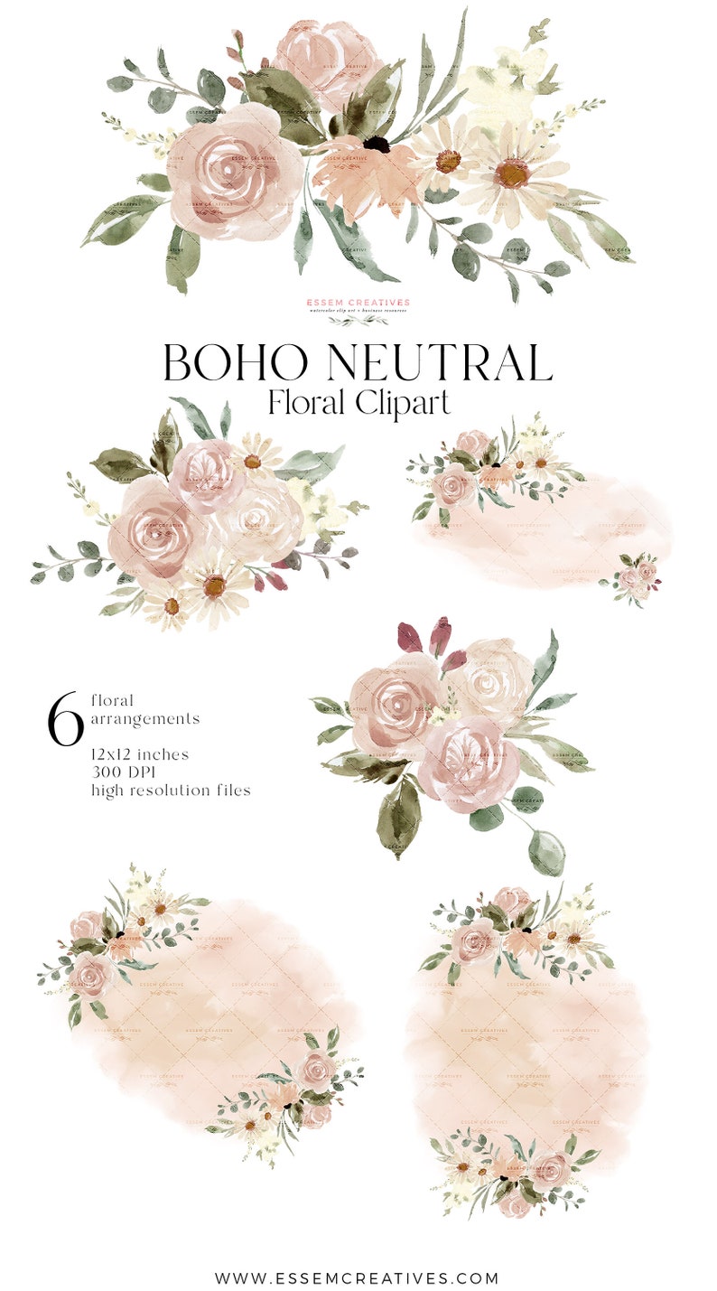 Boho Neutral Floral Clipart, Boho Floral Frame Clip Art, Watercolor ...
