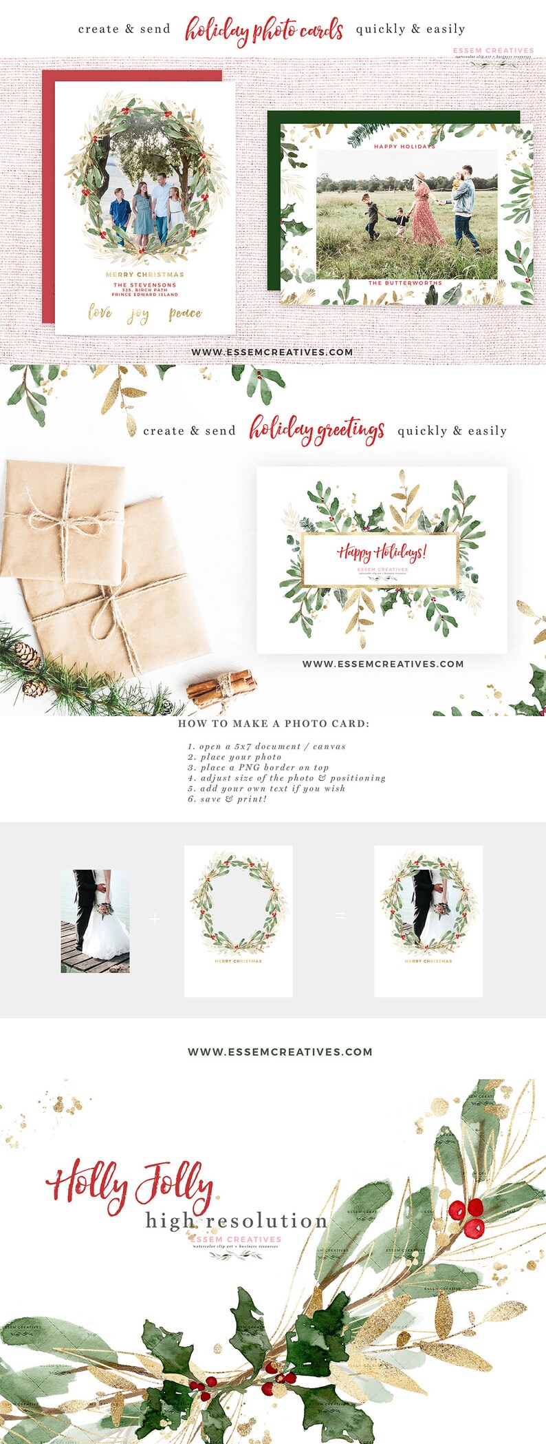 Watercolor Christmas Clipart, Holiday Clip Art, Christmas Photo Card ...