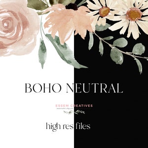 Boho Neutral Floral Clipart, Boho Floral Frame Clip Art, Watercolor ...