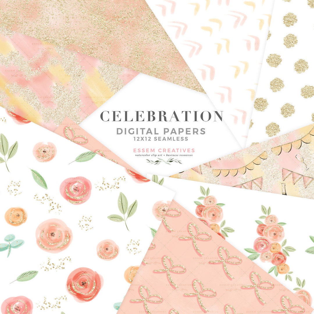 Valentine's Day Digital Papers, Pink Peach Gold Floral Seamless Surface ...