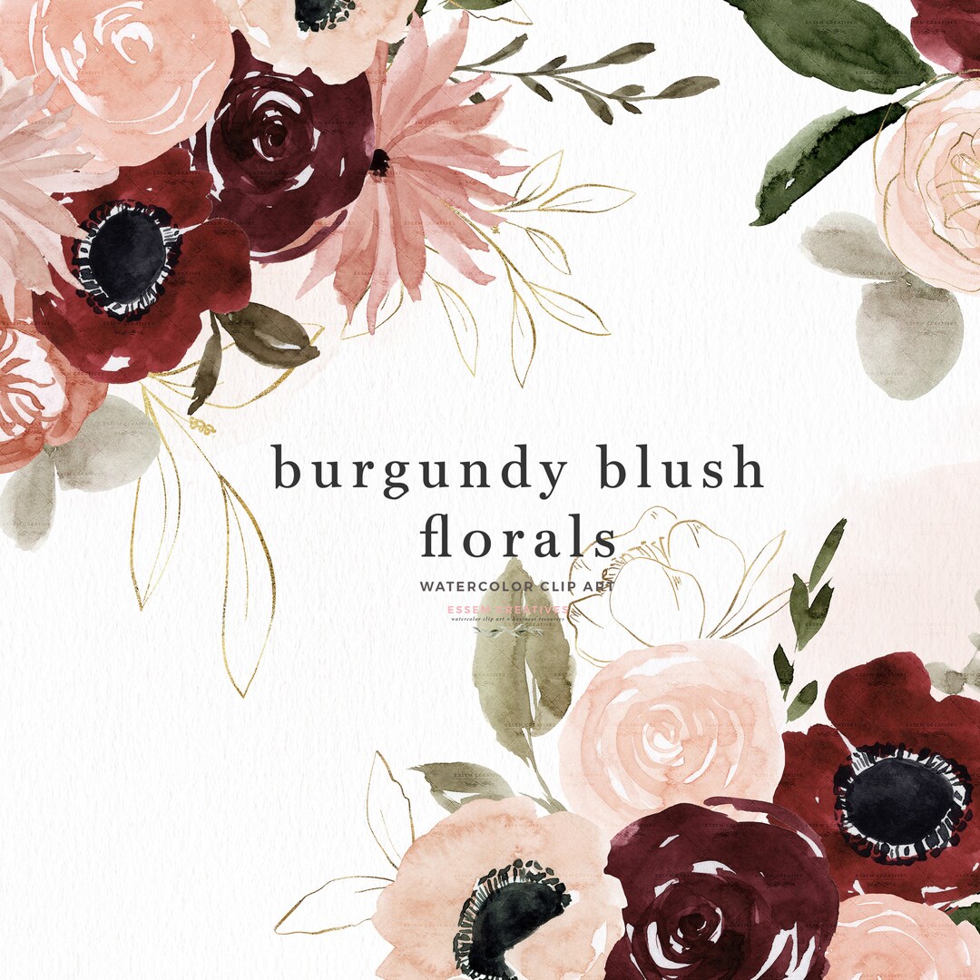 Burgundy Blush Floral Clipart, Boho Wreath Clipart, Watercolor Frame ...