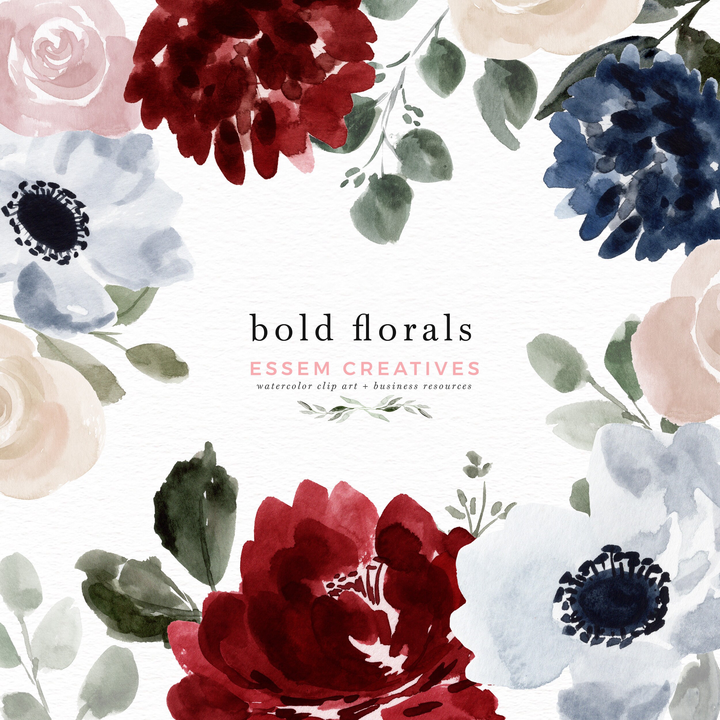 Watercolor Flowers Clipart in Navy Blue Deep Red and White. - Etsy