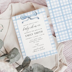 Editable Baby Blue Boy Baby Shower Invite, Gingham Bow Baby Shower ...