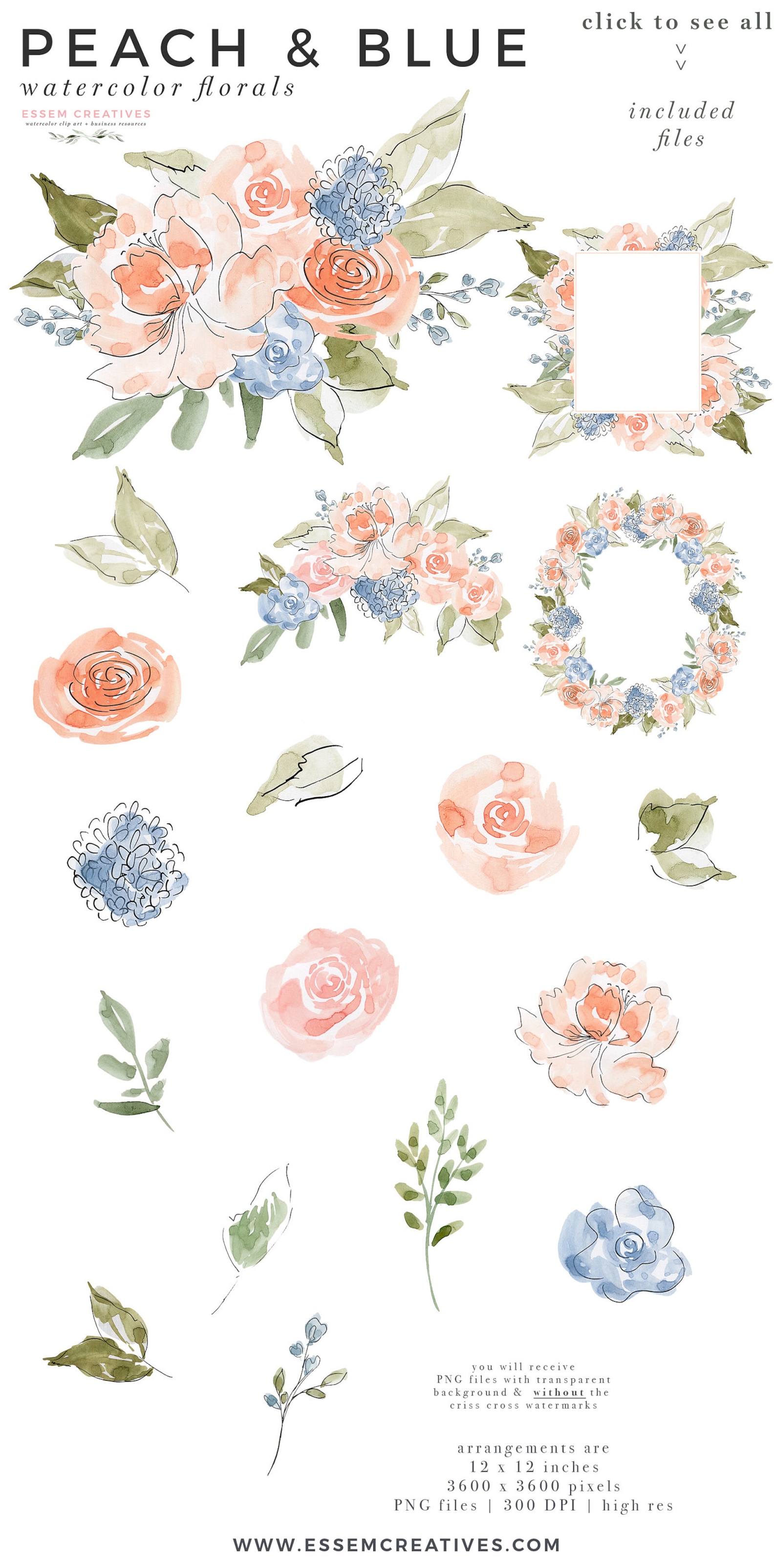 Peach and Blue Flowers Clipart Watercolor Floral Clip Art - Etsy