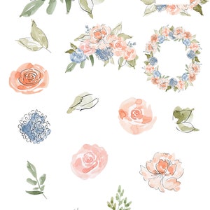 Peach and Blue Flowers Clipart, Watercolor Floral Clip Art, Spring ...