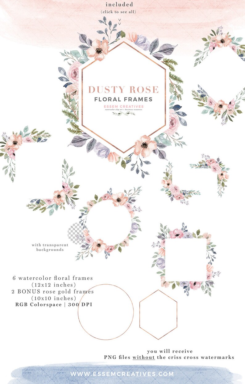Watercolor Floral Frames Clipart Dusty Rose Flower Border - Etsy