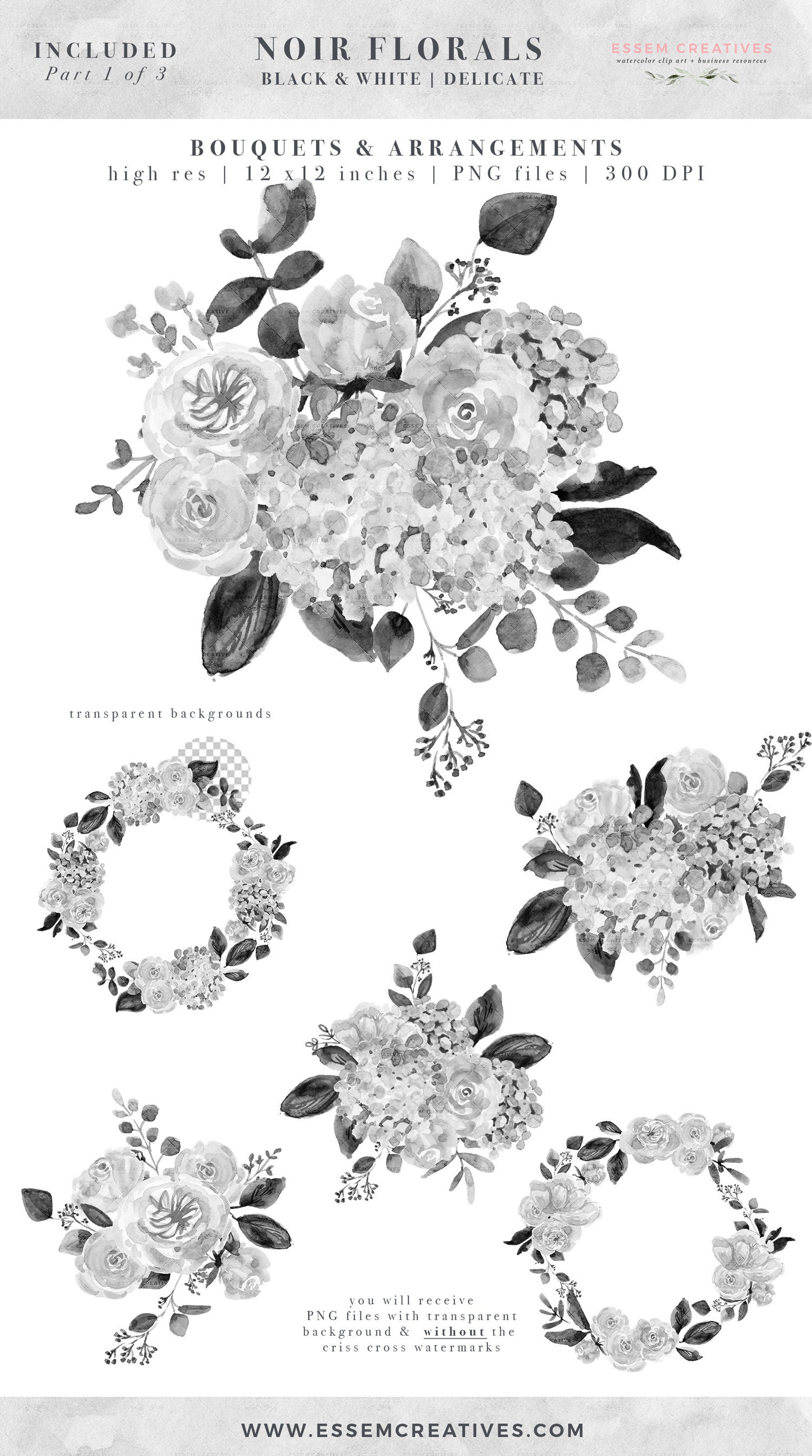 Black and White Floral Watercolor Clipart, Floral Border Clipart, Gray ...