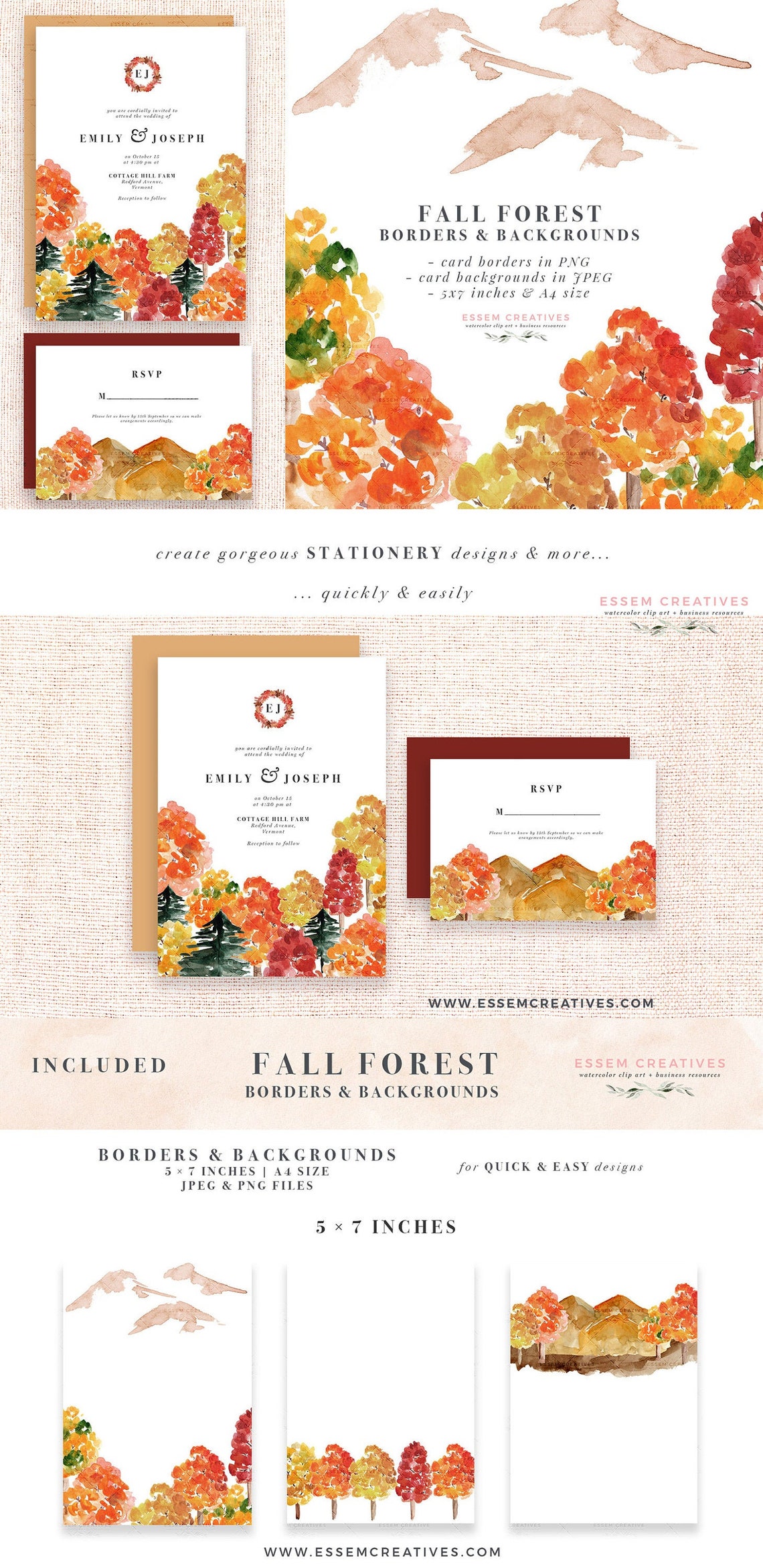 Fall Foliage Trees Clipart Forest Card Background Rustic | Etsy