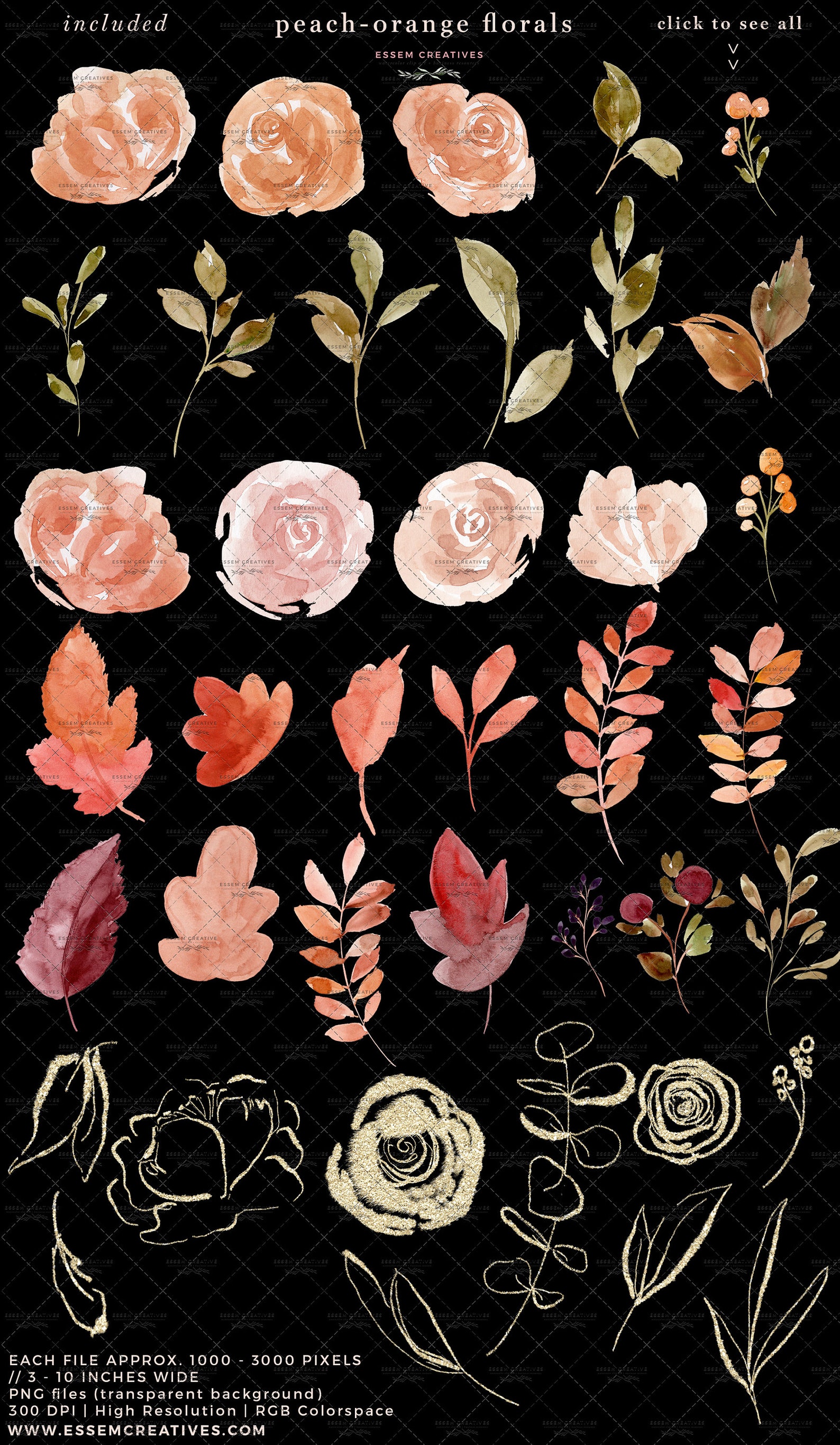 Peach Orange Floral Clipart Boho Wreath Clipart Watercolor | Etsy