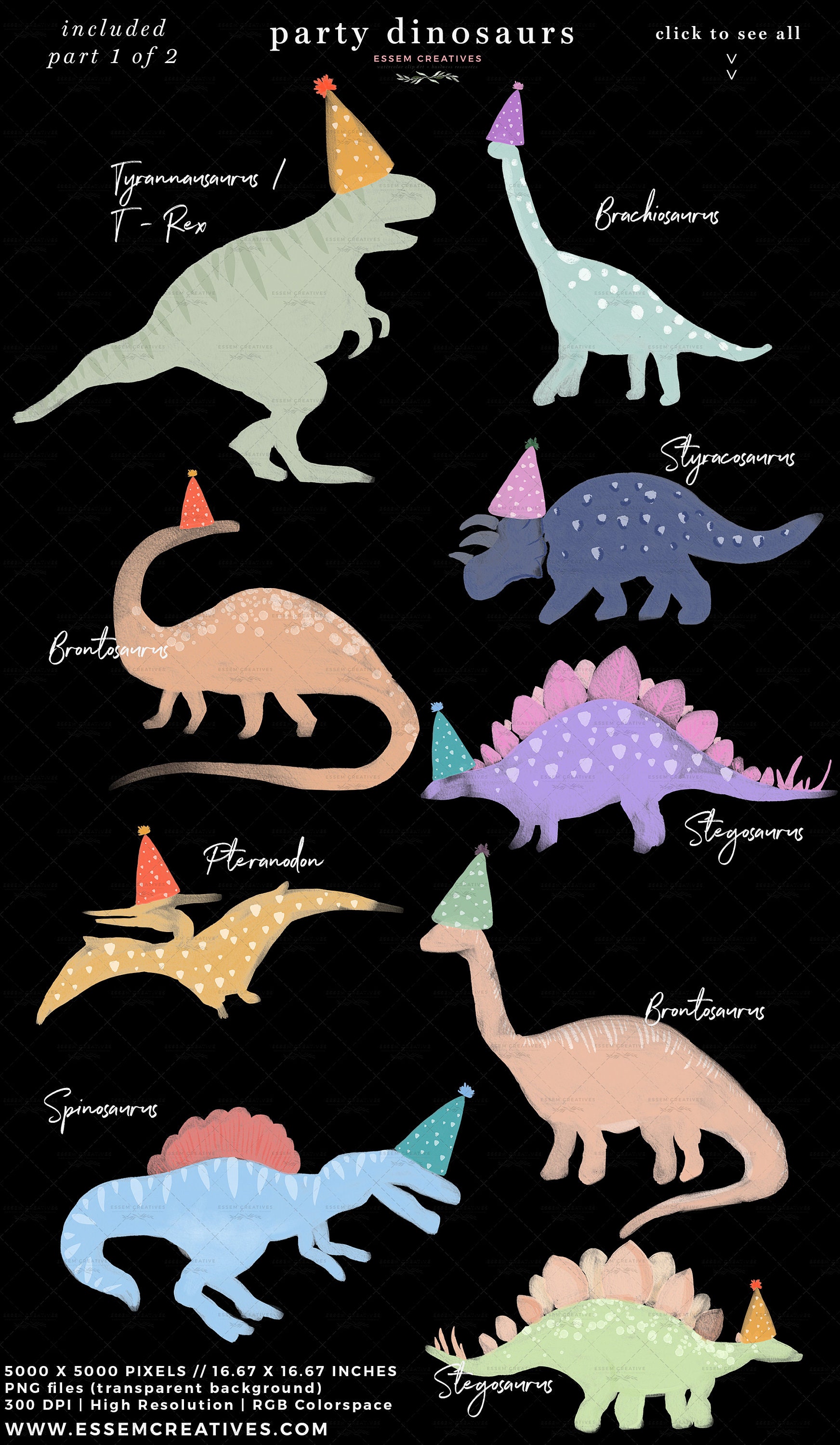Party Dinosaurs Clipart Cute and Colorful Watercolor Dinos - Etsy