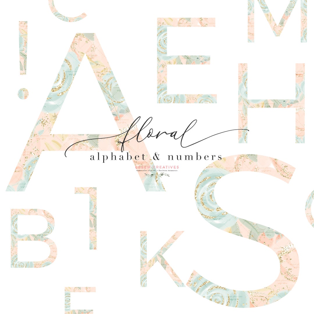 Floral Alphabet Clipart, Peach Mint Green A-Z 1-10 Digits Numbers Clip ...