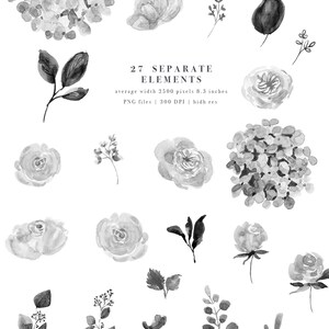 Black and White Floral Watercolor Clipart, Floral Border Clipart, Gray ...