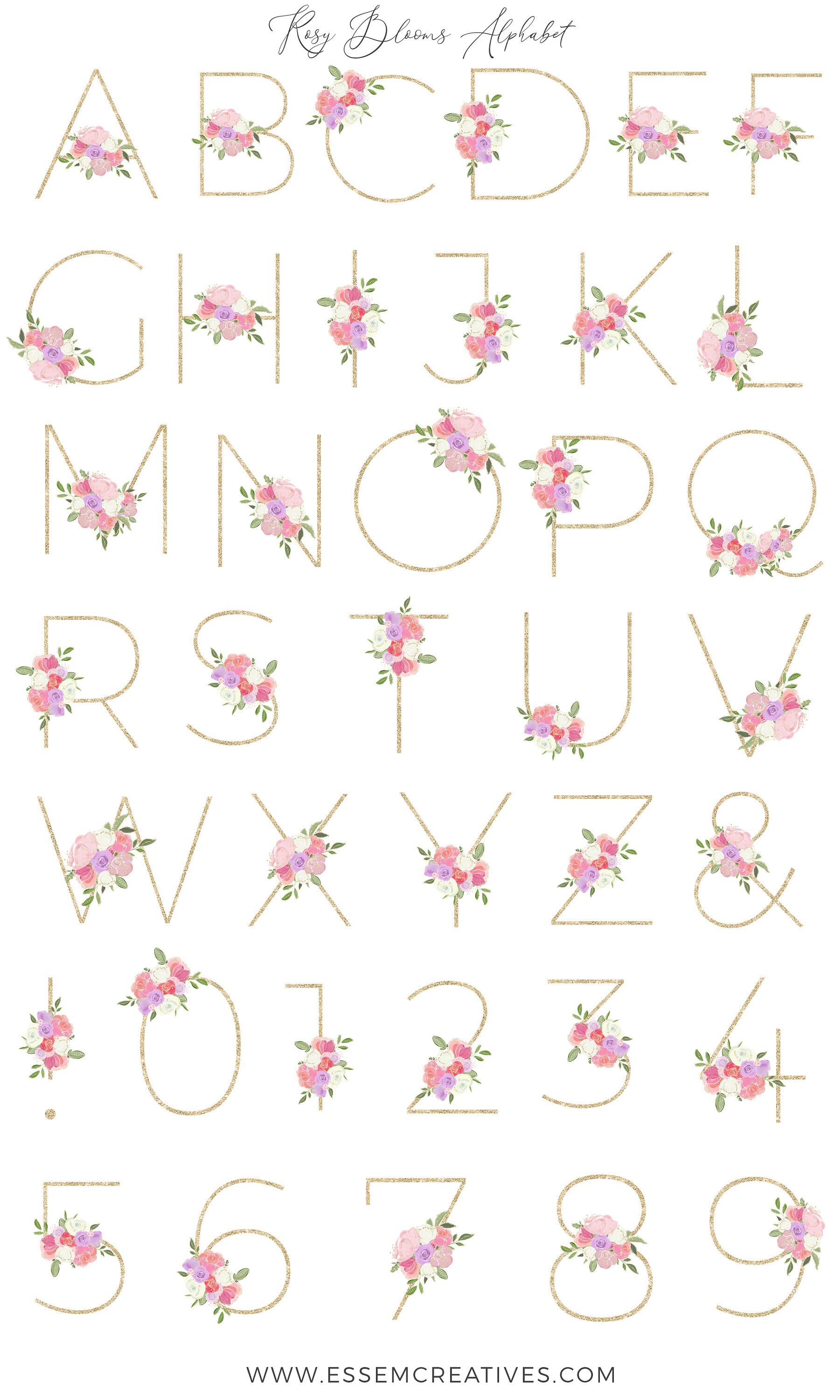 Pink Purple Floral Alphabet Clipart, Watercolor Magenta Fuschia Gold ...