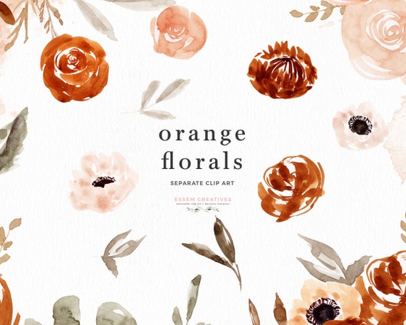 Orange Floral Clipart Boho Watercolor Flowers Clip Art Orange - Etsy