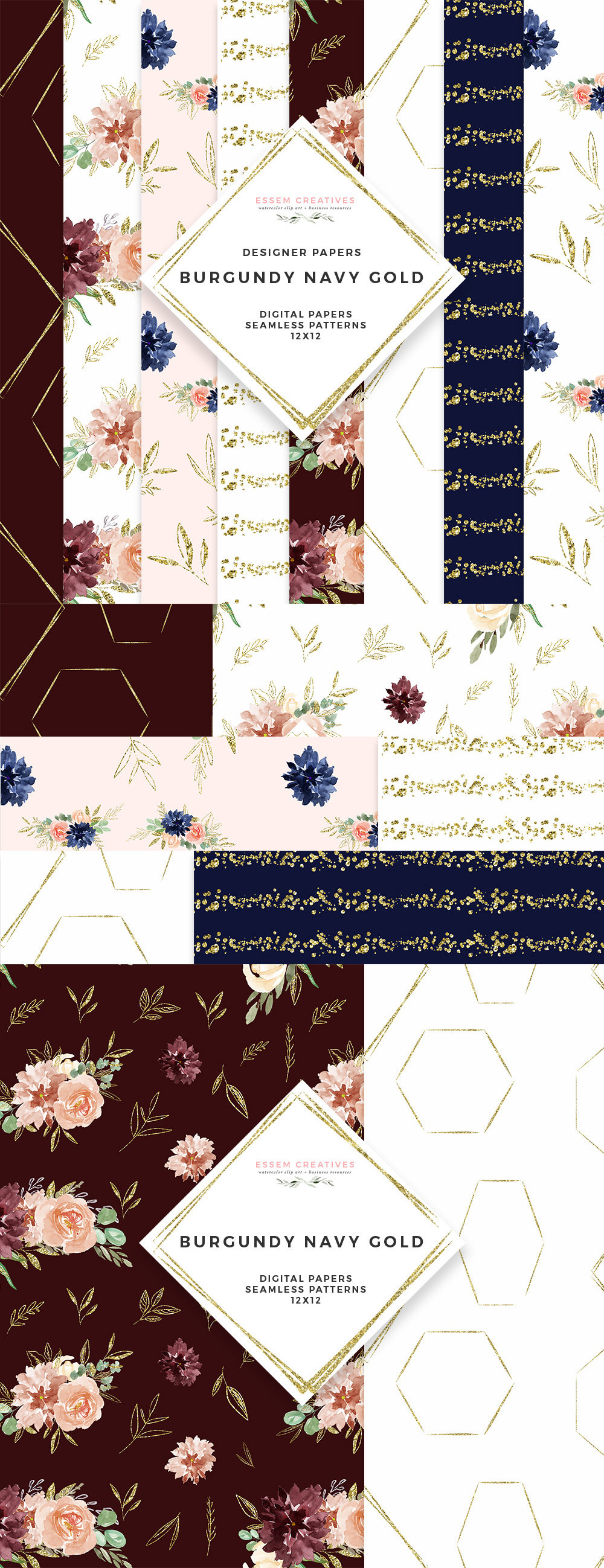Watercolor Floral Digital Paper Pack Burgundy Navy Gold - Etsy