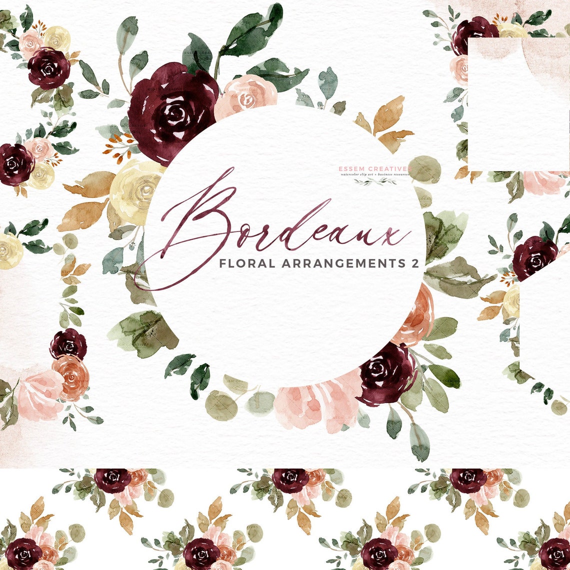 Burgundy Watercolor Floral Clipart Fall Flowers Clip Art | Etsy