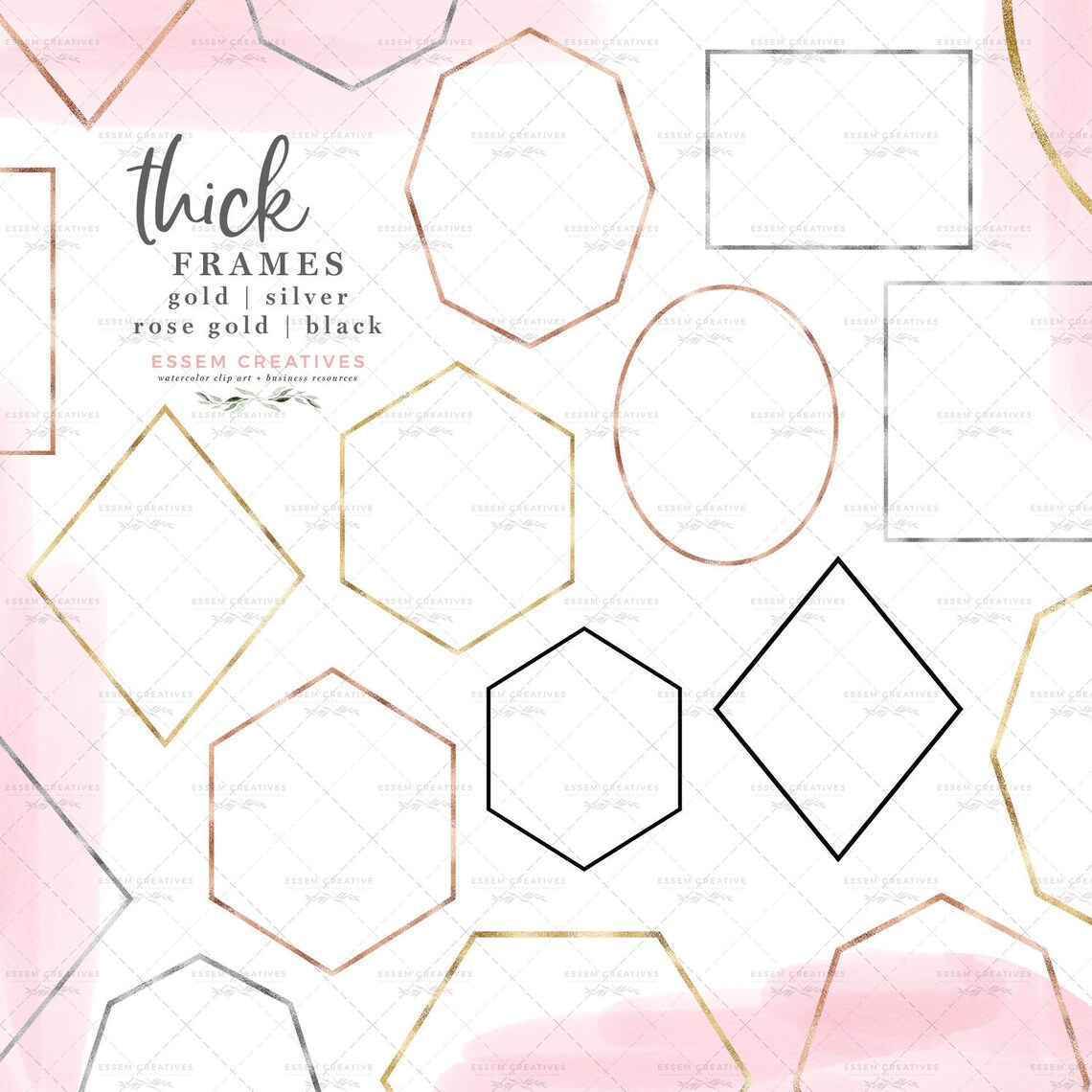 Thick Gold Geometric Frames Clipart Modern Silver Black Rose - Etsy