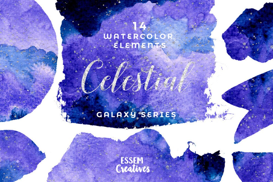 Purple Watercolor Galaxy Clipart, Navy Silver Watercolor Brush Strokes ...