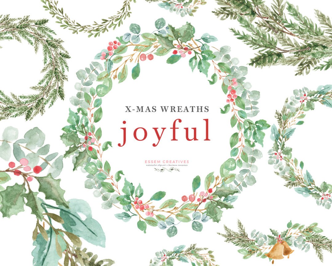 Watercolor Christmas Wreath Clipart, Greenery Holiday Card Clip Art ...