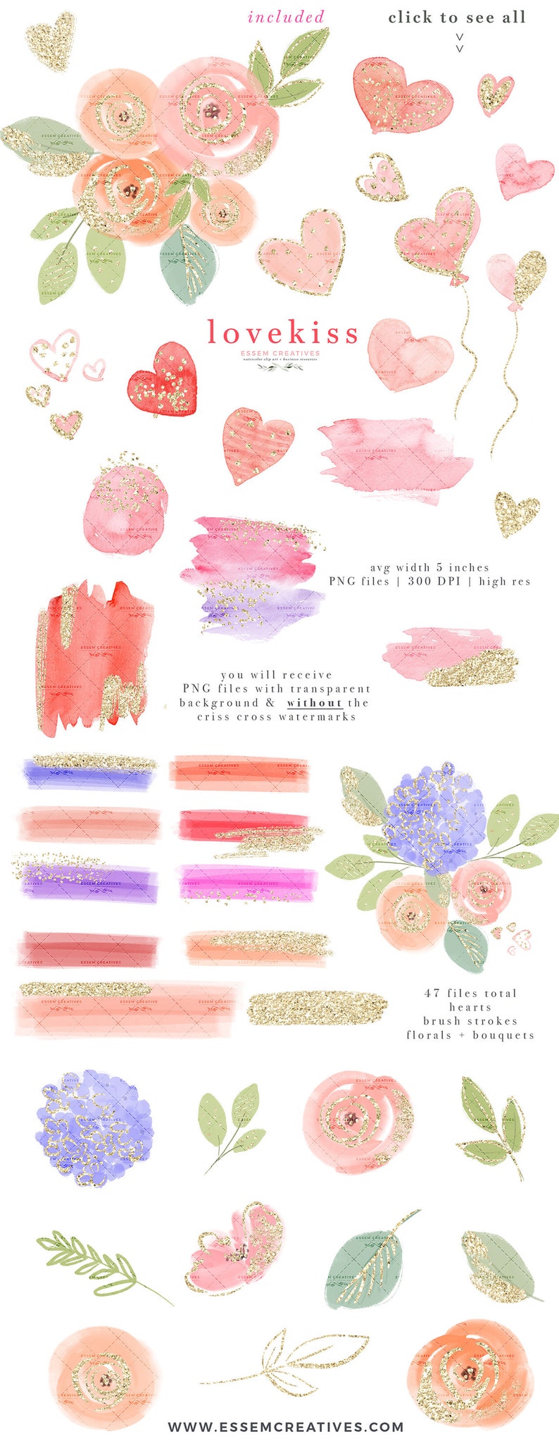 Watercolor Hearts Love Clipart, Valentines Day Clipart, Brush Strokes ...