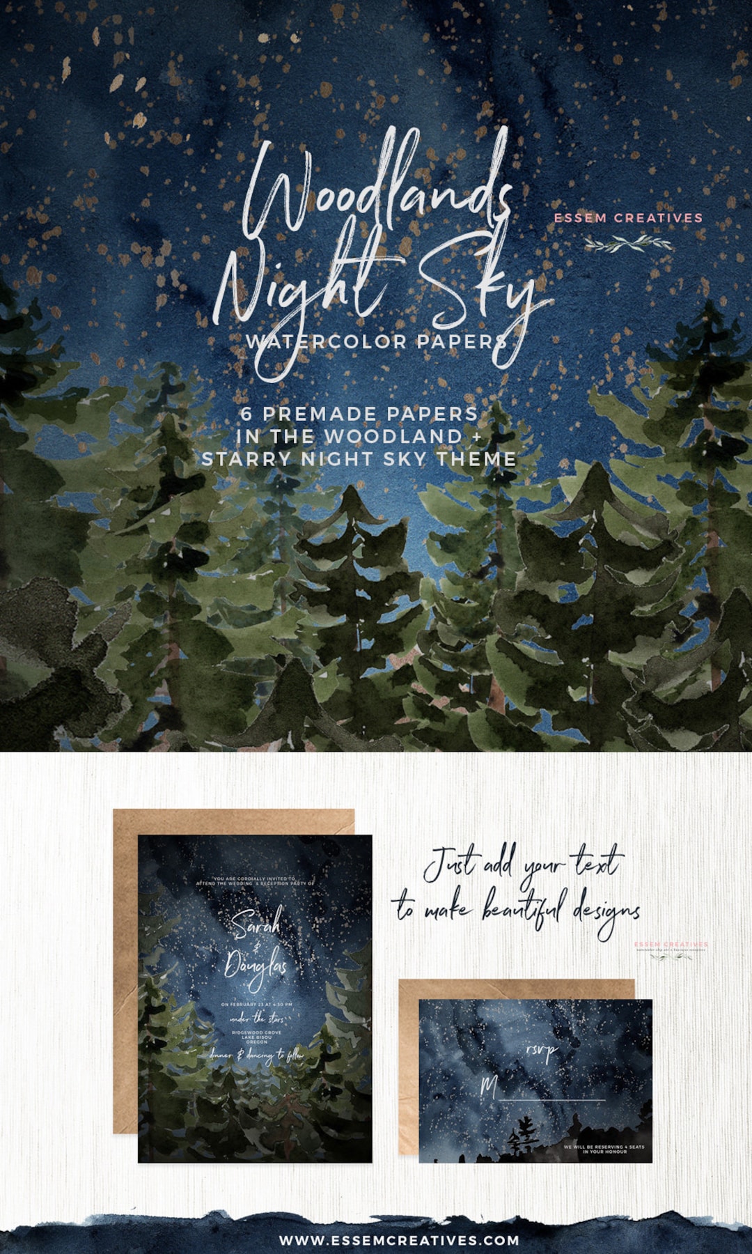 Watercolor Woodland Night Sky Backgrounds, Forest Trees Clipart, Dark ...