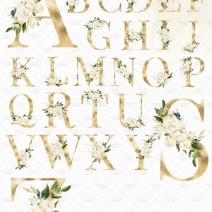 Gold Alphabet Clipart, White Floral Alphabet Clip Art, Watercolor ...