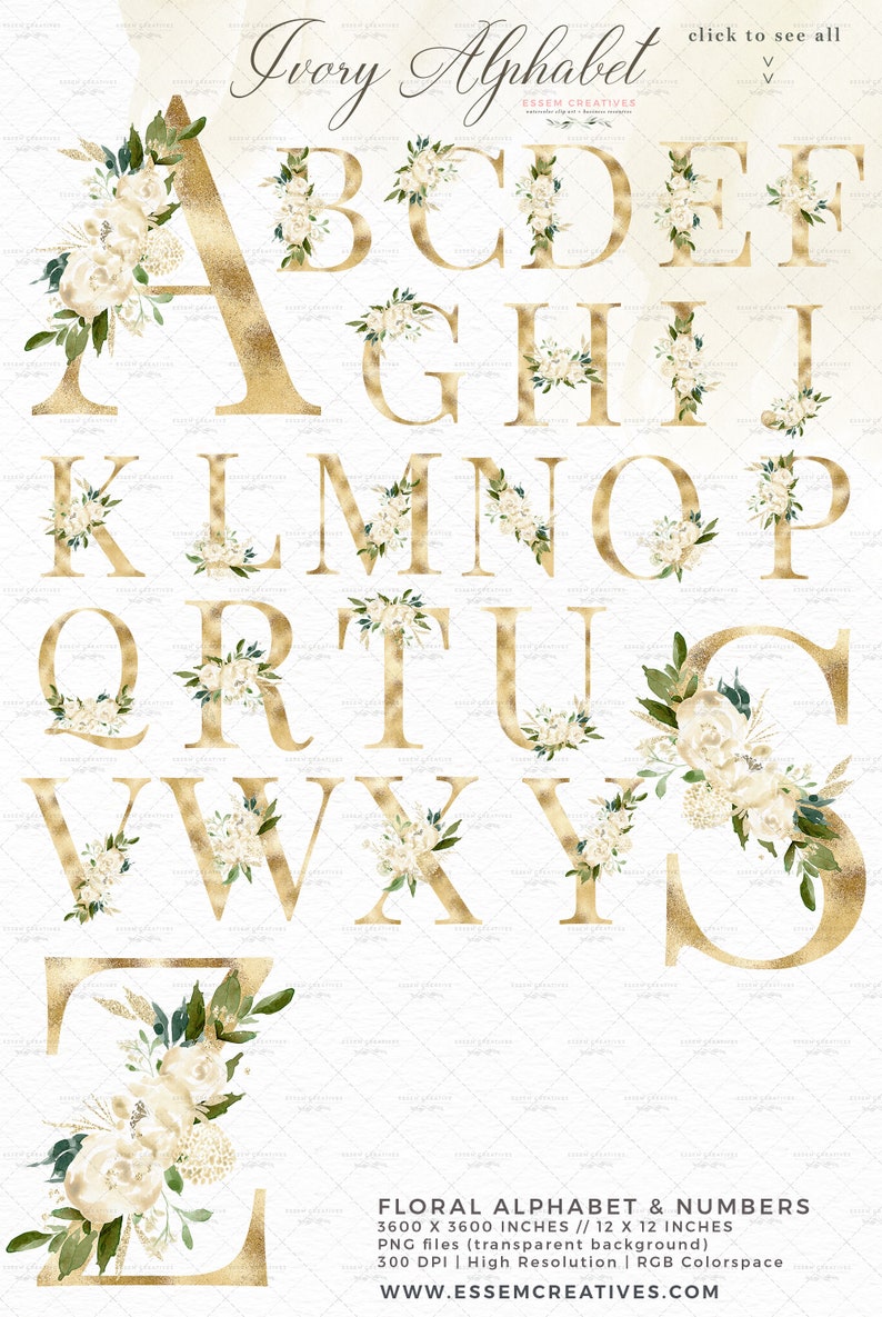 Gold Alphabet Clipart White Floral Alphabet Clip Art - Etsy