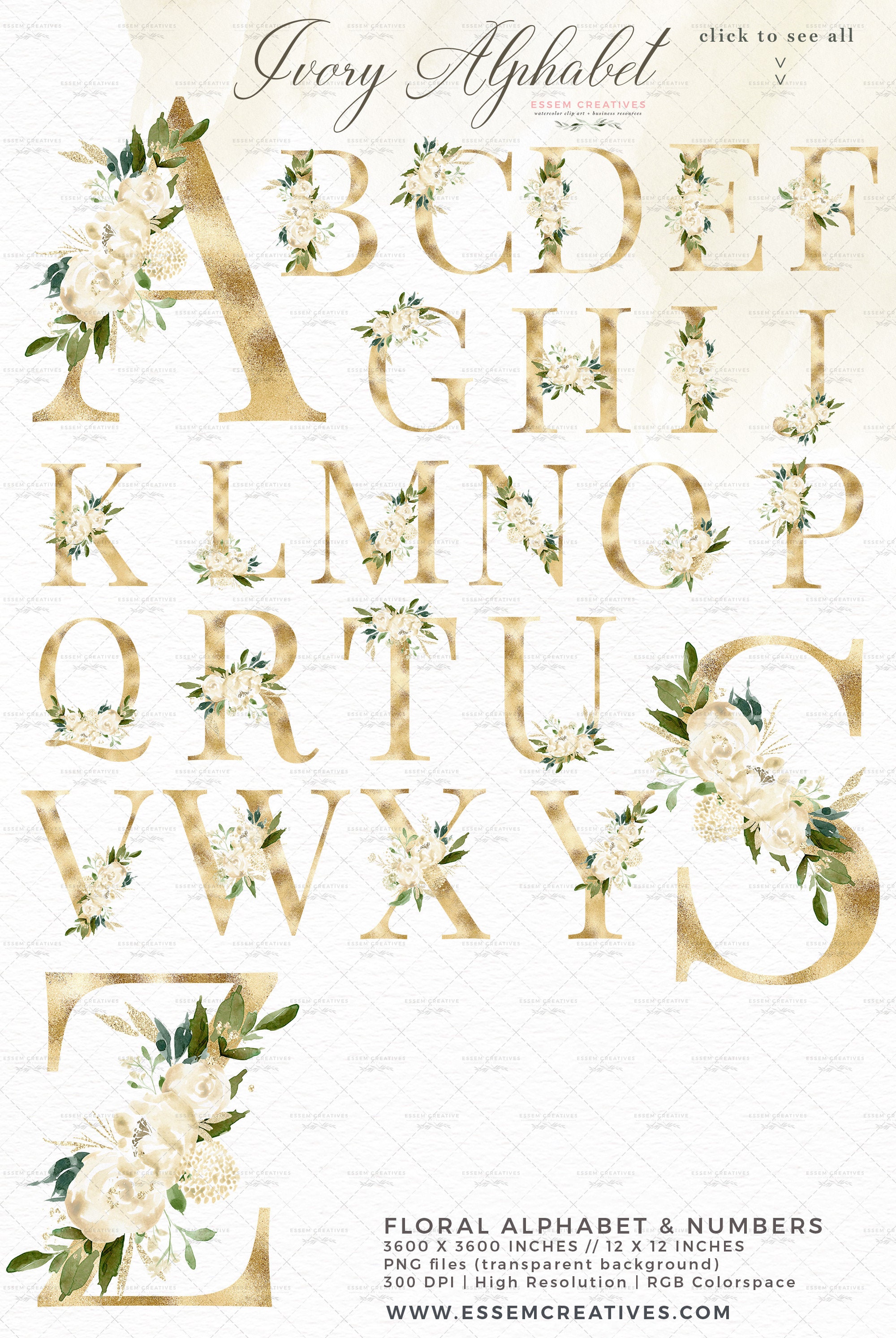 Gold Alphabet Clipart White Floral Alphabet Clip Art - Etsy