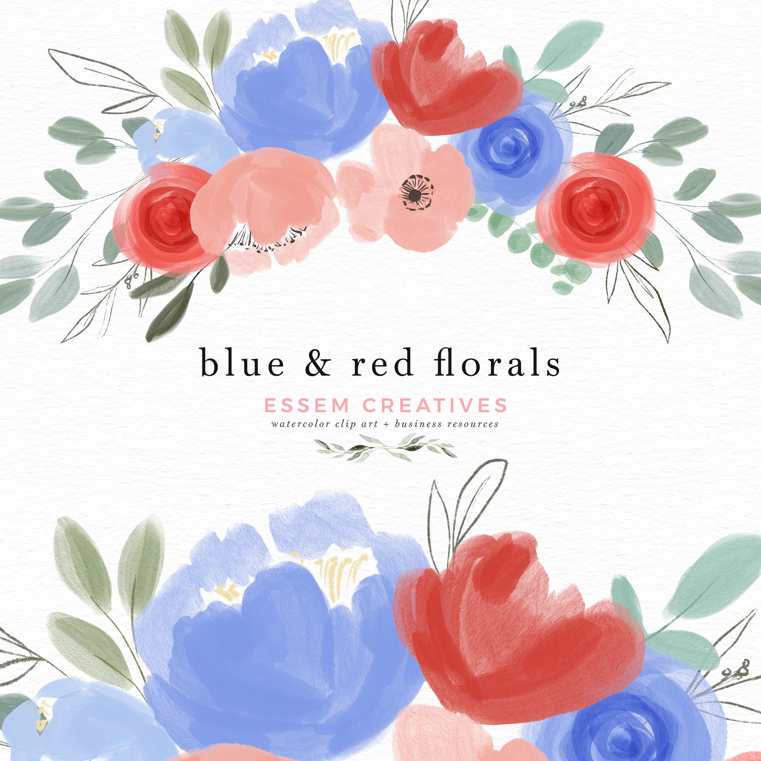 4th of July Watercolor Flowers Clipart Red Blue White Floral - Etsy