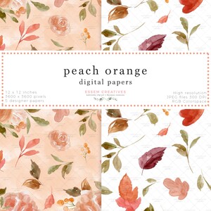 Peach Orange Floral Digital Paper Seamless Repeat Patterns, Fall Floral ...