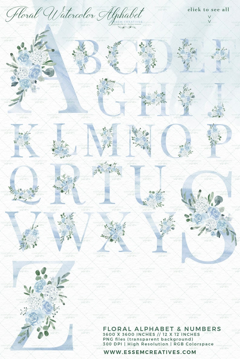 Baby Blue Watercolor Floral Alphabet Clipart, Boy Watercolor Flowers ...
