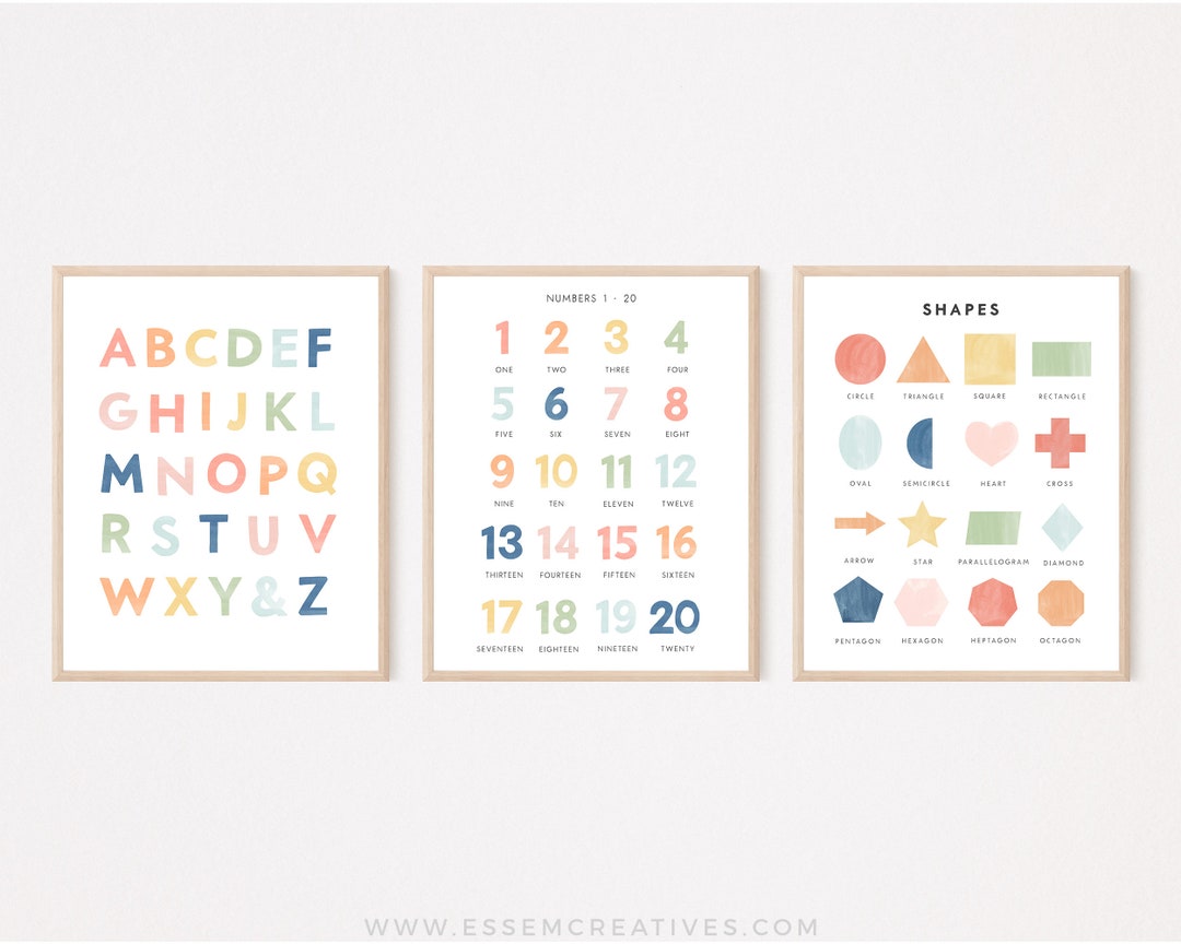 Alphabet Numbers 1 - 20 Shapes Posters, Set of 3 Educational Prints ...