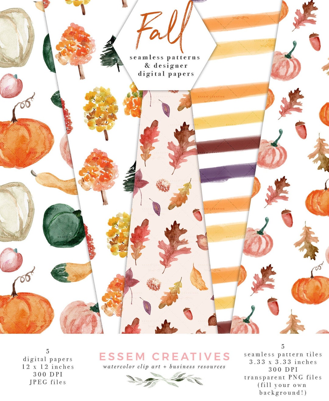 Pumpkin Fall Leaves Digital Paper Pack, Watercolor Autumn, Thanksgiving ...