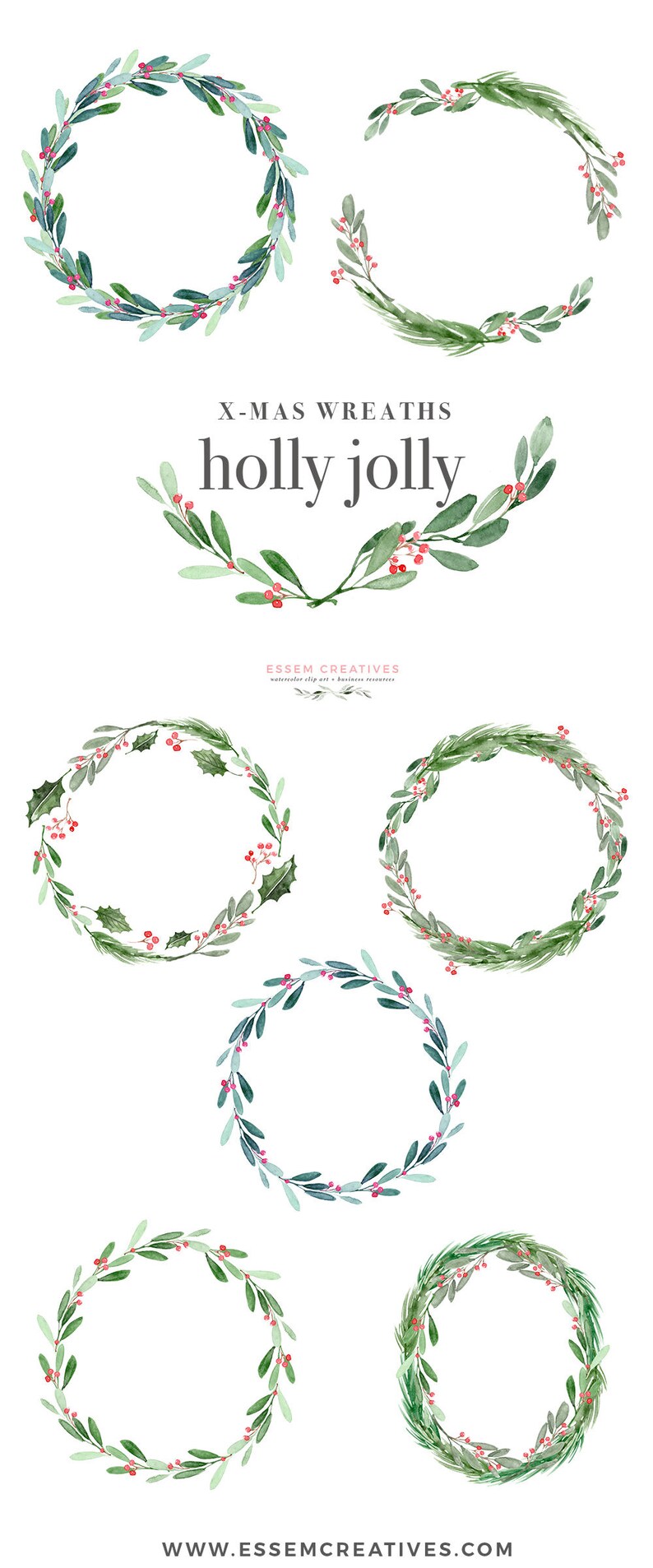 Christmas Wreath Clipart Holly Jolly Clip Art Watercolor - Etsy India