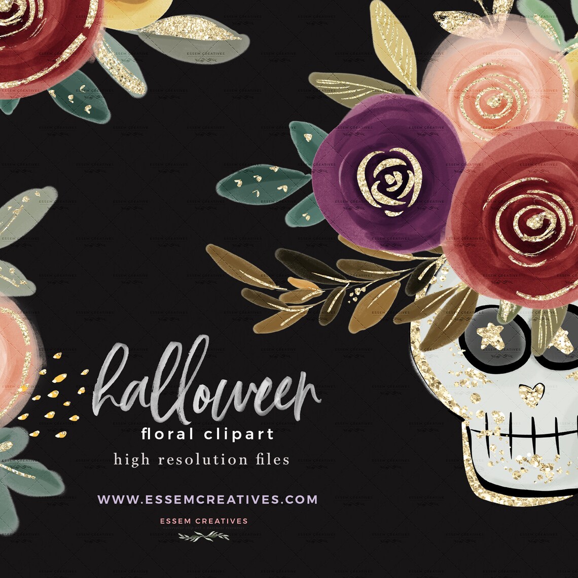 Watercolor Halloween Floral Clipart Gold Glitter Fall Spooky - Etsy