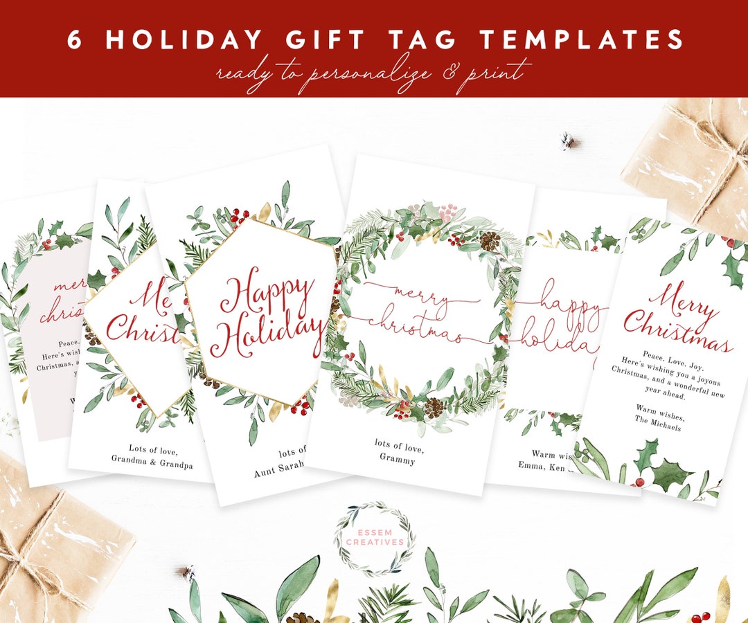 BUNDLE 6 Christmas Gift Tags, Watercolor Wreath Frame Gift Tags ...