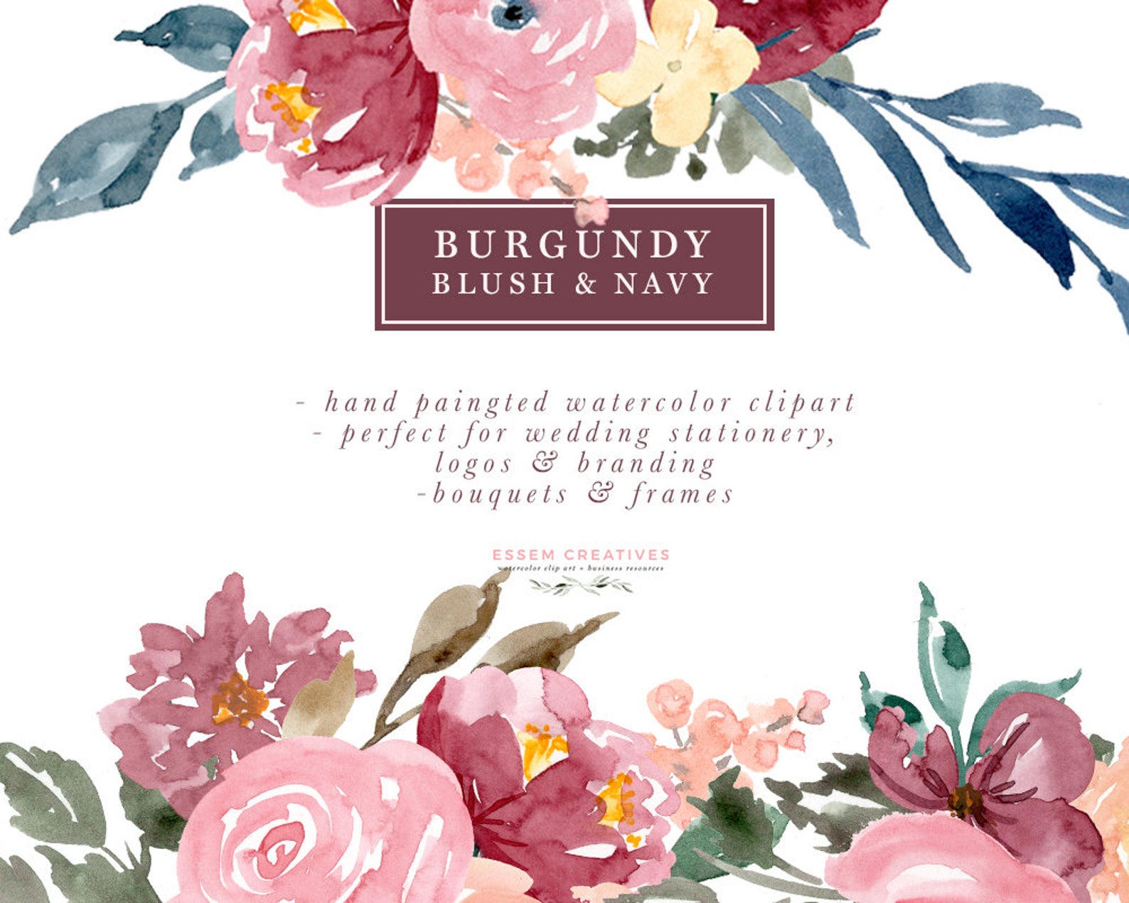 Burgundy Blush Navy Floral Wreath Clipart Watercolor Wedding | Etsy