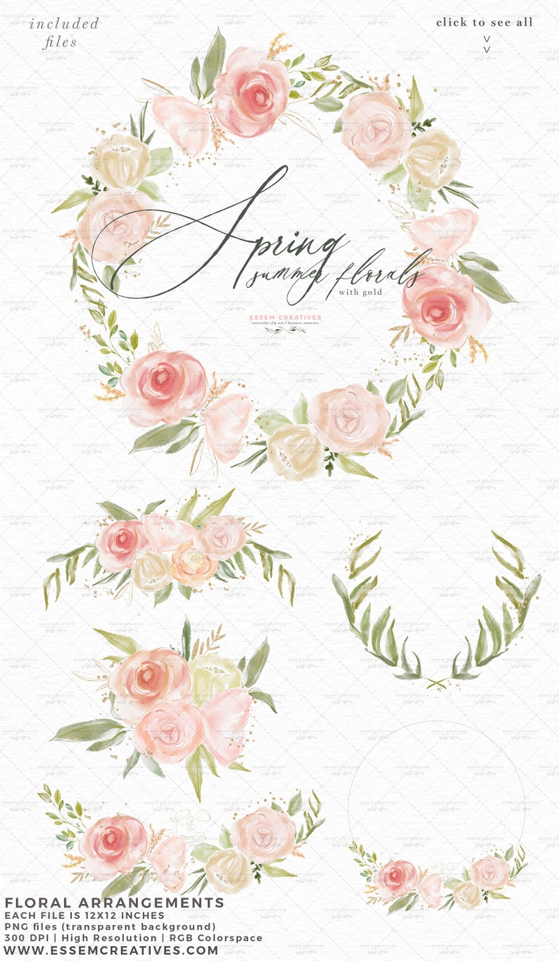Pink Floral Gold Wreath Clipart Watercolor Clipart Boho - Etsy