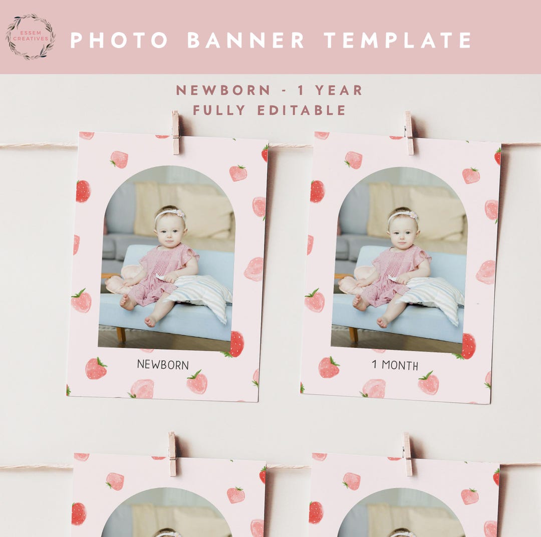 Strawberry Birthday Photo Banner Template, Editable Printable Berry 1st ...