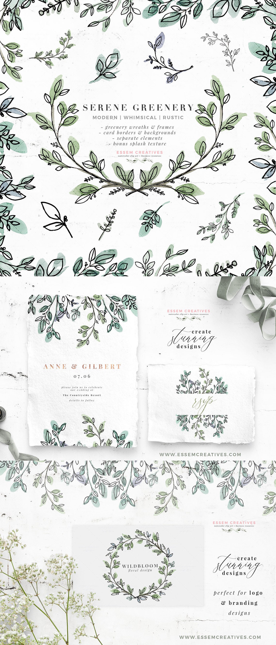 Watercolor Greenery Line Art Olive Branch Clip Art Leaf - Etsy