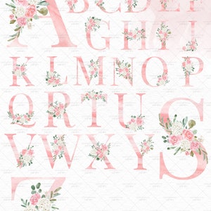 Blush Watercolor Floral Alphabet Clipart, Pink White Watercolor Flowers ...
